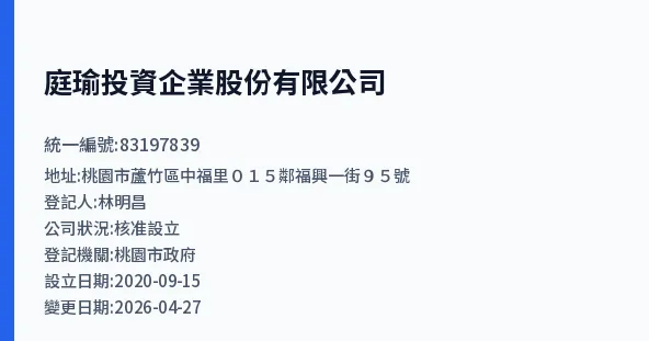 庭瑜投資企業股份有限公司的照片-統編 83197839(桃園市) 公司登記資料與營業項目詳細圖表