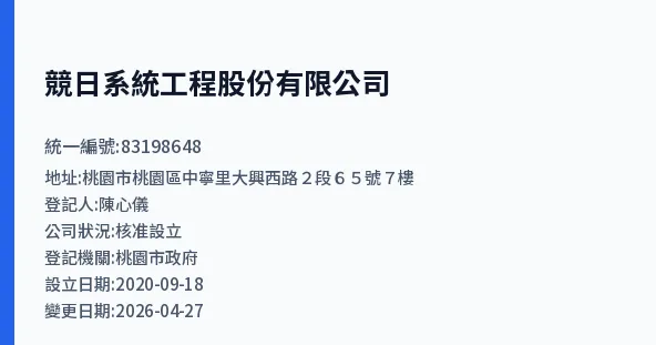競日系統工程股份有限公司的照片-統編 83198648(桃園市) 公司登記資料與營業項目詳細圖表
