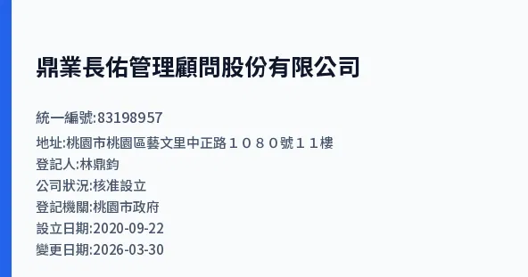 鼎業長佑管理顧問股份有限公司的照片-統編 83198957(桃園市) 公司登記資料與營業項目詳細圖表