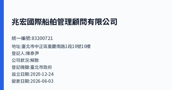 兆宏國際船舶管理顧問有限公司的照片-統編 83200721(臺北市) 公司登記資料與營業項目詳細圖表