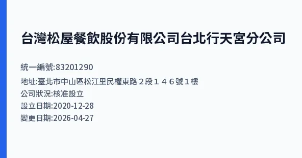 台灣松屋餐飲股份有限公司台北行天宮分公司的照片-統編 83201290(臺北市) 公司登記資料與營業項目詳細圖表