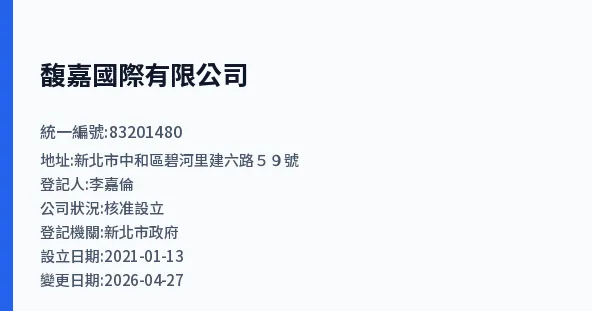 馥嘉國際有限公司的照片-統編 83201480(新北市) 公司登記資料與營業項目詳細圖表