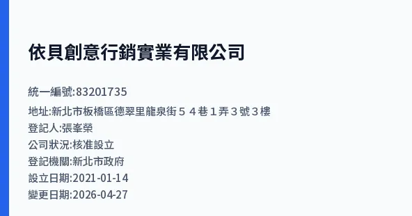 依貝創意行銷實業有限公司的照片-統編 83201735(新北市) 公司登記資料與營業項目詳細圖表