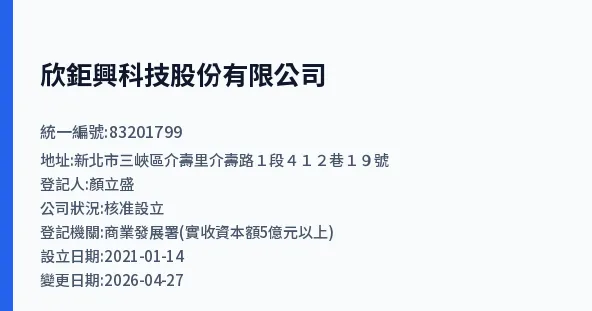 欣鉅興科技股份有限公司的照片-統編 83201799(新北市) 公司登記資料與營業項目詳細圖表
