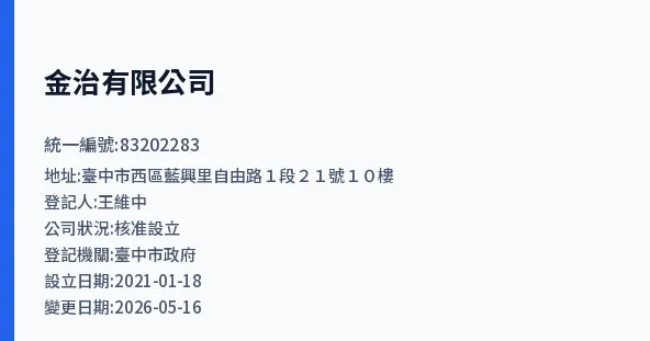 金治有限公司的照片-統編 83202283(臺中市) 公司登記資料與營業項目詳細圖表