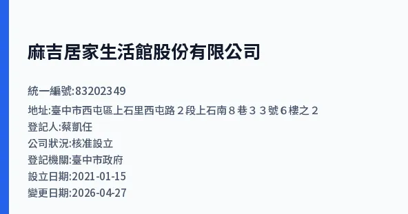 麻吉居家生活館股份有限公司的照片-統編 83202349(臺中市) 公司登記資料與營業項目詳細圖表