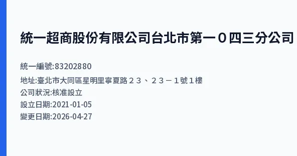 統一超商股份有限公司台北市第一0四三分公司的照片-統編 83202880(臺北市) 公司登記資料與營業項目詳細圖表