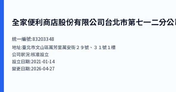 全家便利商店股份有限公司台北市第七一二分公司的照片-統編 83203348(臺北市) 公司登記資料與營業項目詳細圖表