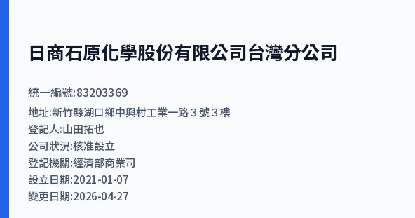 日商石原化學股份有限公司台灣分公司的照片-統編 83203369(新竹縣) 公司登記資料與營業項目詳細圖表