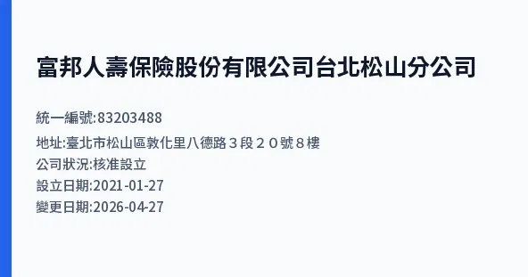 富邦人壽保險股份有限公司台北松山分公司的照片-統編 83203488(臺北市) 公司登記資料與營業項目詳細圖表