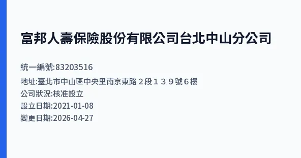 富邦人壽保險股份有限公司台北中山分公司的照片-統編 83203516(臺北市) 公司登記資料與營業項目詳細圖表