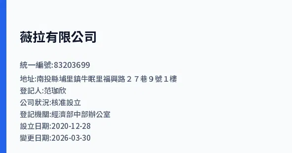 薇拉有限公司的照片-統編 83203699(南投縣) 公司登記資料與營業項目詳細圖表