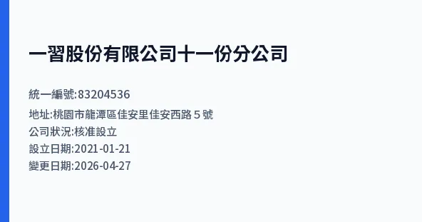 一習股份有限公司十一份分公司的照片-統編 83204536(桃園市) 公司登記資料與營業項目詳細圖表