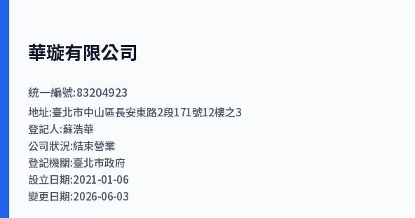 華璇有限公司的照片-統編 83204923(臺北市) 公司登記資料與營業項目詳細圖表