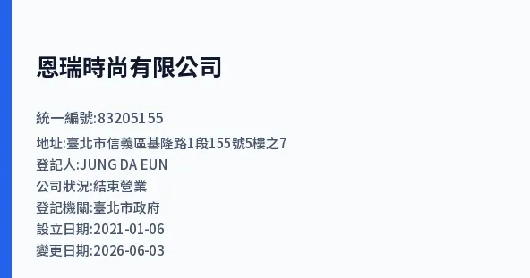 恩瑞時尚有限公司的照片-統編 83205155(臺北市) 公司登記資料與營業項目詳細圖表