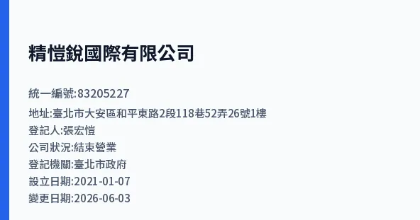 精愷銳國際有限公司的照片-統編 83205227(臺北市) 公司登記資料與營業項目詳細圖表