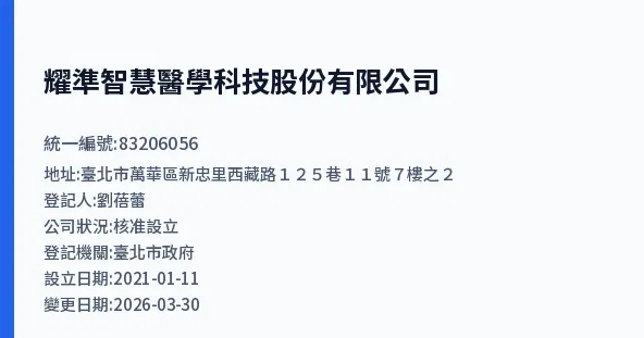 耀準智慧醫學科技股份有限公司的照片-統編 83206056(臺北市) 公司登記資料與營業項目詳細圖表