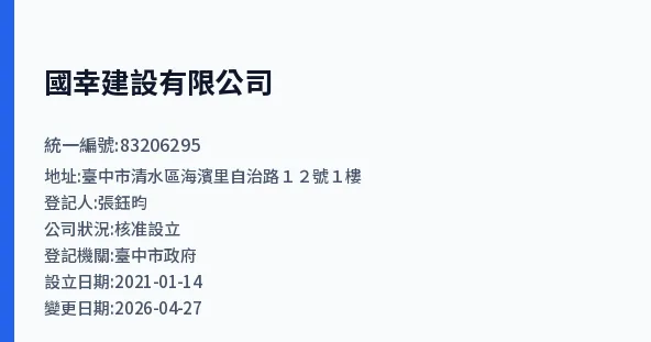 國幸建設有限公司的照片-統編 83206295(臺中市) 公司登記資料與營業項目詳細圖表