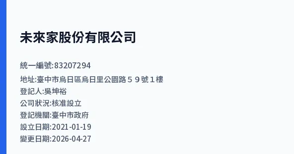 未來家股份有限公司的照片-統編 83207294(臺中市) 公司登記資料與營業項目詳細圖表