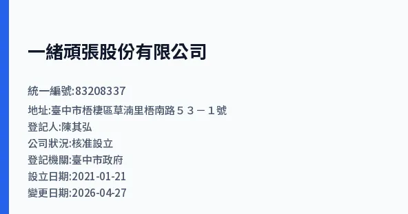 一緒頑張股份有限公司的照片-統編 83208337(臺中市) 公司登記資料與營業項目詳細圖表