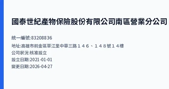 國泰世紀產物保險股份有限公司南區營業分公司的照片-統編 83208836(高雄市) 公司登記資料與營業項目詳細圖表