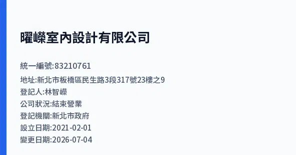 曜嶸室內設計有限公司的照片-統編 83210761(新北市) 公司登記資料與營業項目詳細圖表