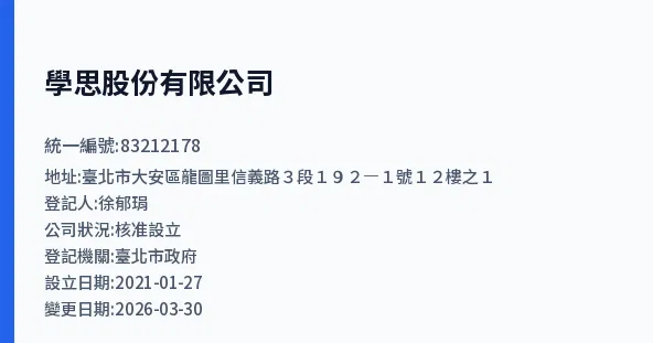 學思股份有限公司的照片-統編 83212178(臺北市) 公司登記資料與營業項目詳細圖表