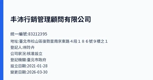 丰沛行銷管理顧問有限公司的照片-統編 83212395(臺北市) 公司登記資料與營業項目詳細圖表