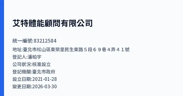 艾特體能顧問有限公司的照片-統編 83212584(臺北市) 公司登記資料與營業項目詳細圖表