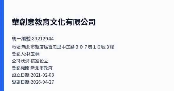 華創意教育文化有限公司的照片-統編 83212944(新北市) 公司登記資料與營業項目詳細圖表