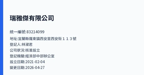 瑞雅傑有限公司的照片-統編 83214099(宜蘭縣) 公司登記資料與營業項目詳細圖表