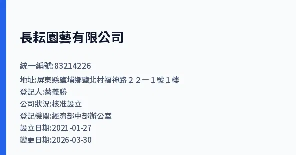 長耘園藝有限公司的照片-統編 83214226(屏東縣) 公司登記資料與營業項目詳細圖表