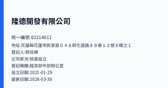 隆德開發有限公司的照片-統編 83214611(花蓮縣) 公司登記資料與營業項目詳細圖表
