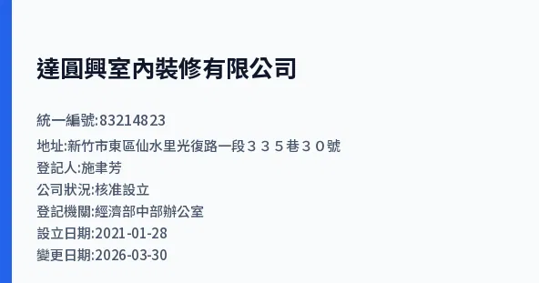 達圓興室內裝修有限公司的照片-統編 83214823(新竹市) 公司登記資料與營業項目詳細圖表