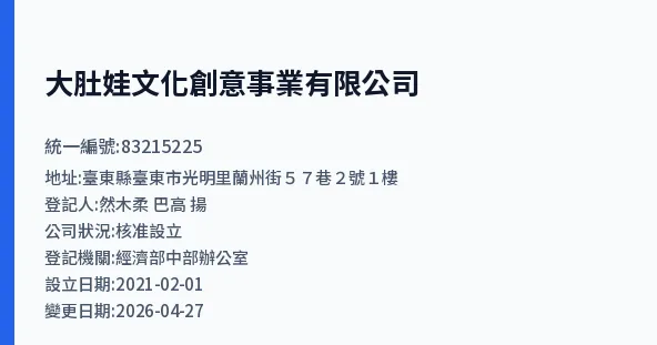 大肚娃文化創意事業有限公司的照片-統編 83215225(臺東縣) 公司登記資料與營業項目詳細圖表