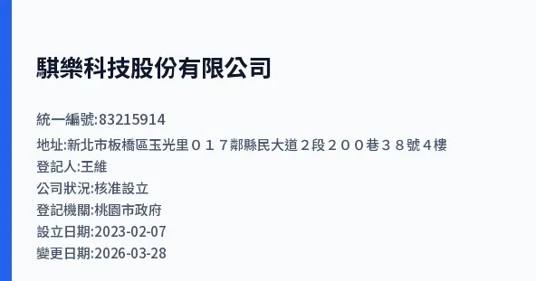 騏樂科技股份有限公司的照片-統編 83215914(新北市) 公司登記資料與營業項目詳細圖表