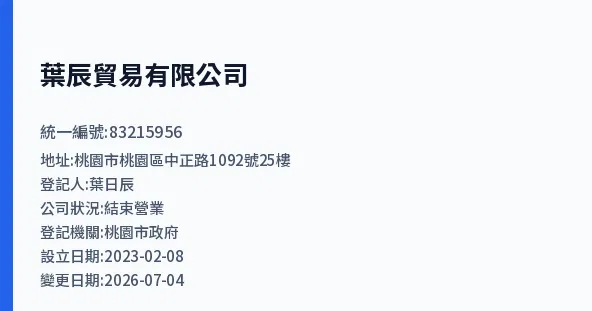 葉辰貿易有限公司的照片-統編 83215956(桃園市) 公司登記資料與營業項目詳細圖表