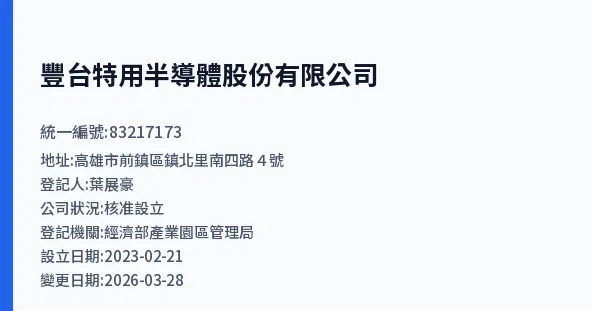 豐台特用半導體股份有限公司的照片-統編 83217173(高雄市) 公司登記資料與營業項目詳細圖表