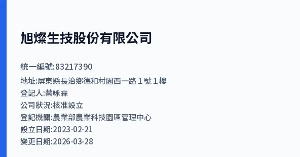 旭燦生技股份有限公司的照片-統編 83217390(屏東縣) 公司登記資料與營業項目詳細圖表