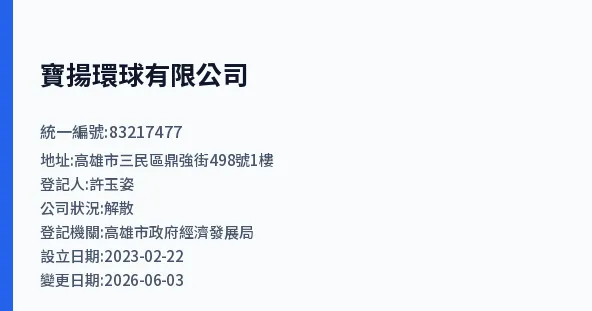 寶揚環球有限公司的照片-統編 83217477(高雄市) 公司登記資料與營業項目詳細圖表