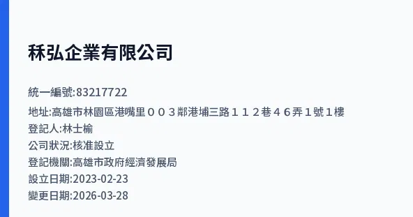秝弘企業有限公司的照片-統編 83217722(高雄市) 公司登記資料與營業項目詳細圖表