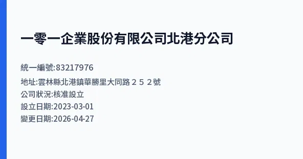 一零一企業股份有限公司北港分公司的照片-統編 83217976(雲林縣) 公司登記資料與營業項目詳細圖表