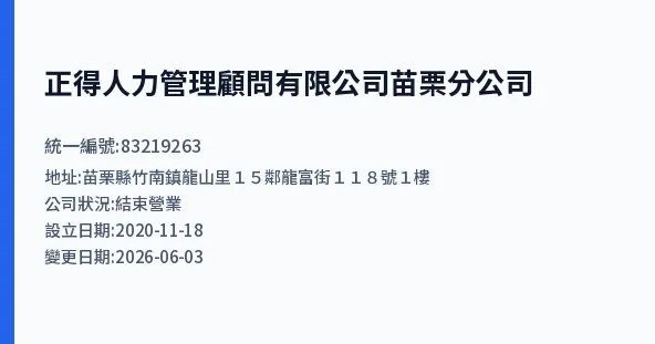 正得人力管理顧問有限公司苗栗分公司的照片-統編 83219263(苗栗縣) 公司登記資料與營業項目詳細圖表