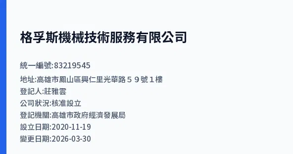 格孚斯機械技術服務有限公司的照片-統編 83219545(高雄市) 公司登記資料與營業項目詳細圖表