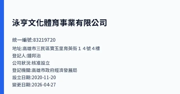 泳亨文化體育事業有限公司的照片-統編 83219720(高雄市) 公司登記資料與營業項目詳細圖表