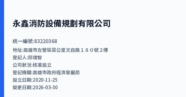 永鑫消防設備規劃有限公司的照片-統編 83220368(高雄市) 公司登記資料與營業項目詳細圖表