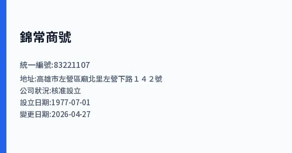 錦常商號的照片-統編 83221107(高雄市) 公司登記資料與營業項目詳細圖表