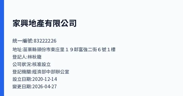 家興地產有限公司的照片-統編 83222226(苗栗縣) 公司登記資料與營業項目詳細圖表