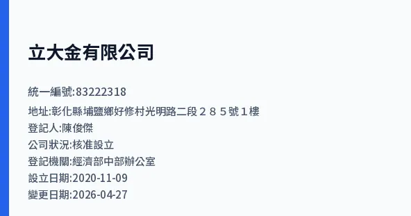 立大金有限公司的照片-統編 83222318(彰化縣) 公司登記資料與營業項目詳細圖表