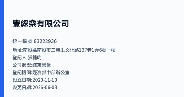 豐綵樂有限公司的照片-統編 83222936(南投縣) 公司登記資料與營業項目詳細圖表